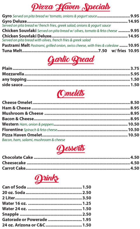 PIZZA HAVEN | MENU | ORDER ON-LINE